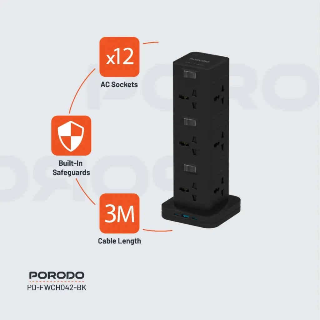 Porodo Three-Story 12AC Power Hub With USB-C PD & Quick Charge 3.0 ...